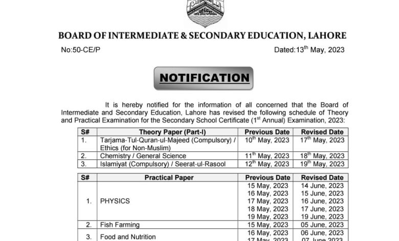 Revised Schedule for Postponed 9th Class Exam 2023